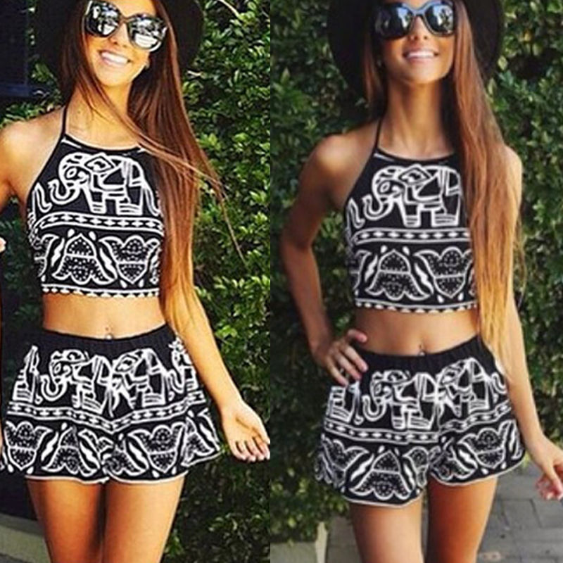Elephant Print Two Piece Beachwear Set In Black And White on Luulla